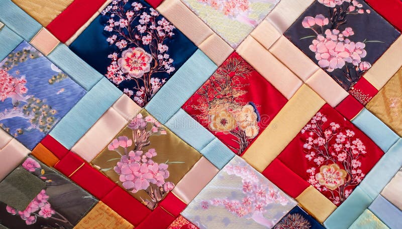 Japanese Patchwork Pattern with Cherry Blossoms, Vibrant, Traditional ...