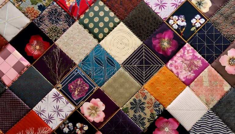 Japanese Patchwork Pattern with Geometric Designs and Small Floral Accents Stock Illustration ...
