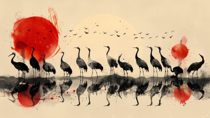 Japanese Pattern Modern Crane Birds on Geometric Background with Hand ...