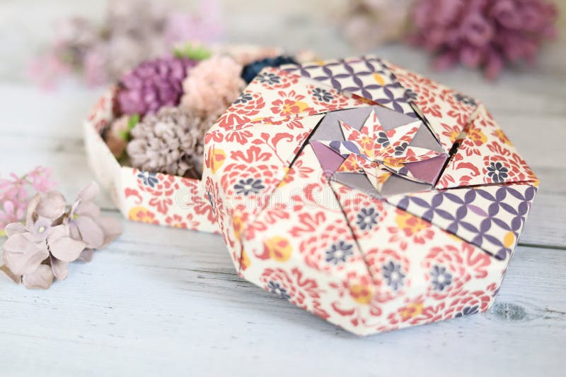 Japanese Patterned Chic Hexagonal Origami Box with Lid Stock Image ...