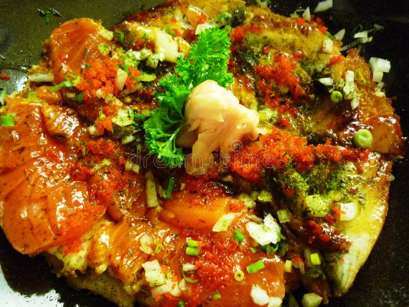 Japanese Pizza stock photo. Image of seafood, salmon - 53363320