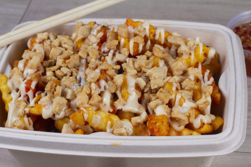 Japanese Poke Chicken Fries in a Container with Chopsticks Stock Photo ...