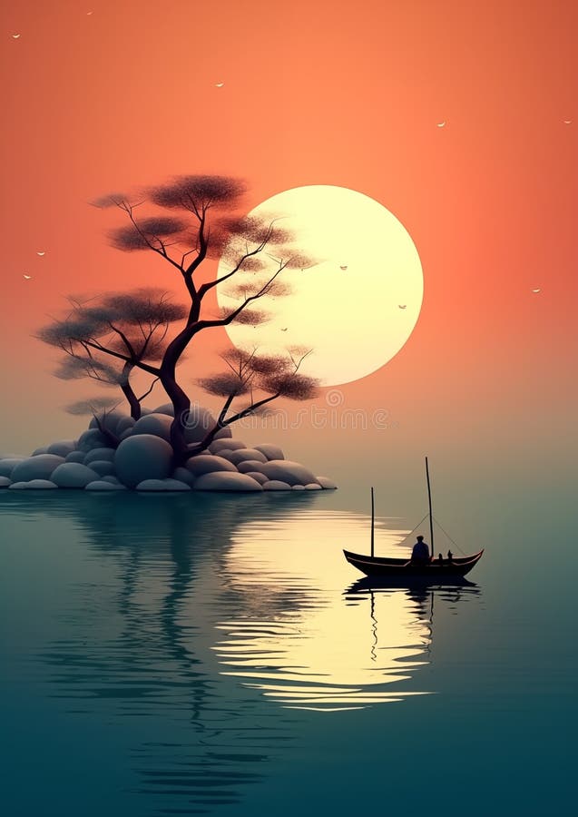 Japanese Print of a Fisherman at Sunset Stock Illustration ...