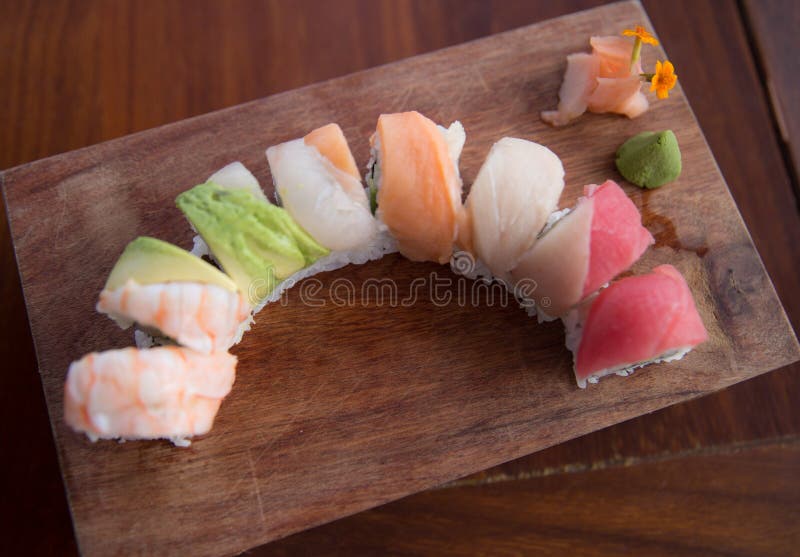 Japanese Rainbow roll stock image. Image of board, delicacy - 276446611