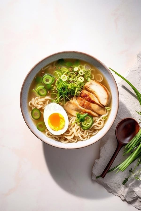 Japanese Ramen Soup with Chicken, Egg, Chives and Sprout Stock ...