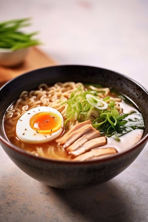 Japanese Ramen Soup with Chicken, Egg, Chives and Sprout Stock ...