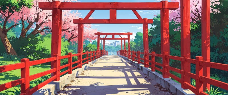 Japanese Red Bridge Afternoon , Anime Background. Stock Photo - Image ...