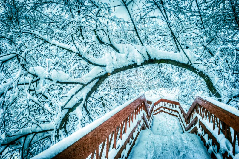 Japanese Red Bridge with Snow in the Pond during Winter Stock Photo ...