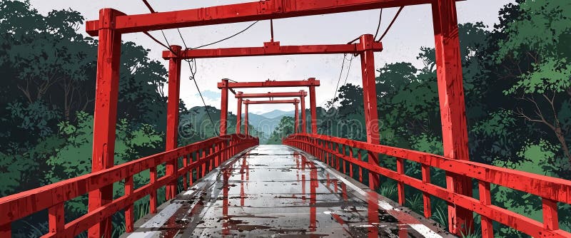 Japanese Red Bridge after the Storm , Anime Background. Stock Image ...