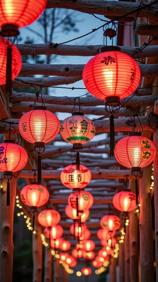 Japanese Red Lanterns Illuminating Traditional Wooden Pathway at Dusk ...