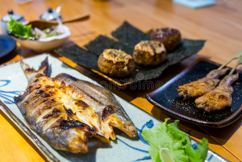 Japanese Restaurant with Grill Rice Ball Fish Stock Photo - Image of ...