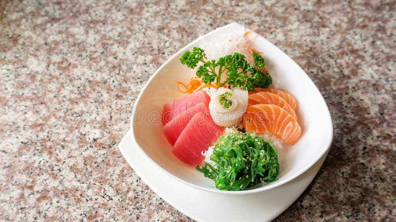 Japanese Rice with Mix Sashimi Don in a White Bowl Stock Image - Image ...