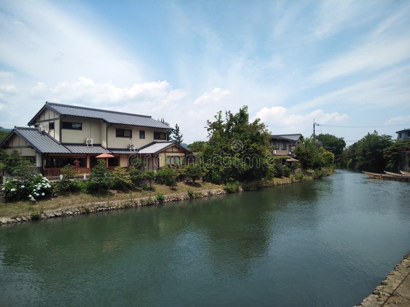 Japanese River House Architecture Blue Cloud Sky Stock Photo - Image of ...