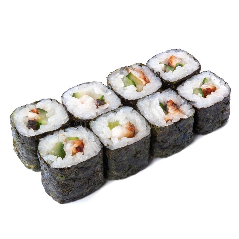 Japanese Roll with Fried Eel in Unagi Sauce and Cucumber Isolate Stock ...