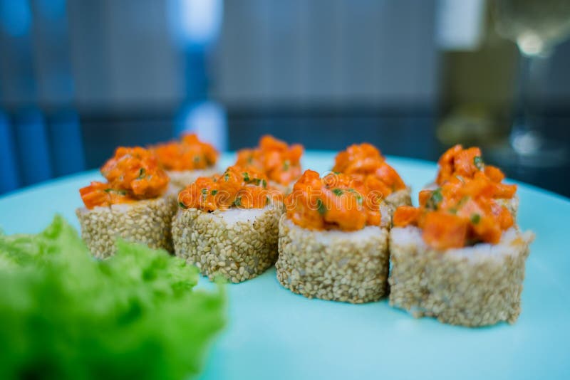 Japanese Roll with Sesame Seeds and Rice Stock Photo - Image of masago ...