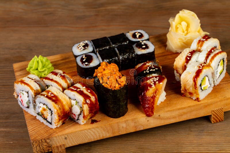 Japanese rolls set stock image. Image of sauce, fish - 125658101