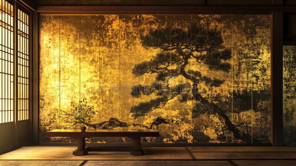 Japanese Room Interior Design with Gold Leaf Screen and Pine Tree Stock ...