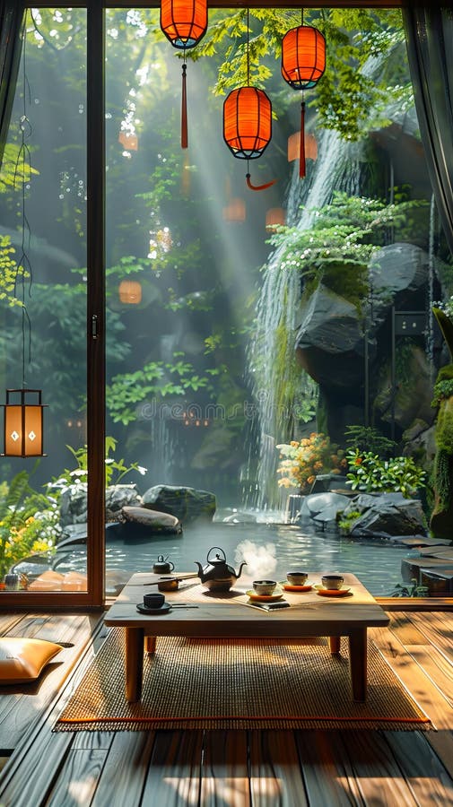 A Japanese Room with a Waterfall and Lanterns Stock Photo - Image of ...