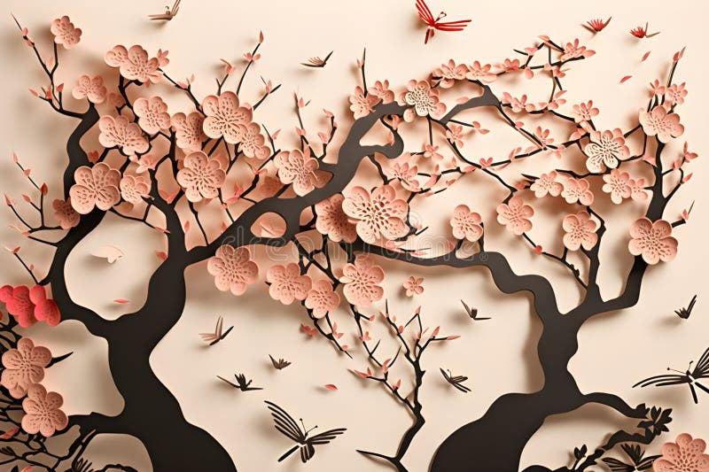 Japanese Sakura Blossom Cards Made in Paper Style Stock Illustration ...