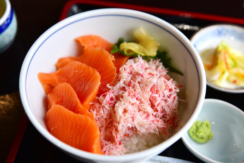 Japanese Salmon and Crab Sashimi Rice Bowl Stock Photo - Image of slice ...
