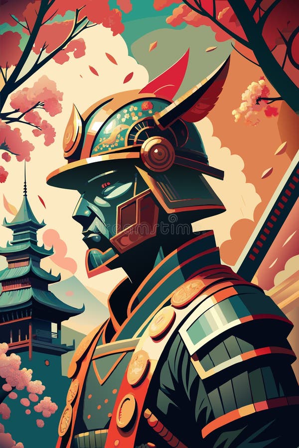 Japanese Samurai in Detailed Armor with Cherry Blossoms and Pagoda ...