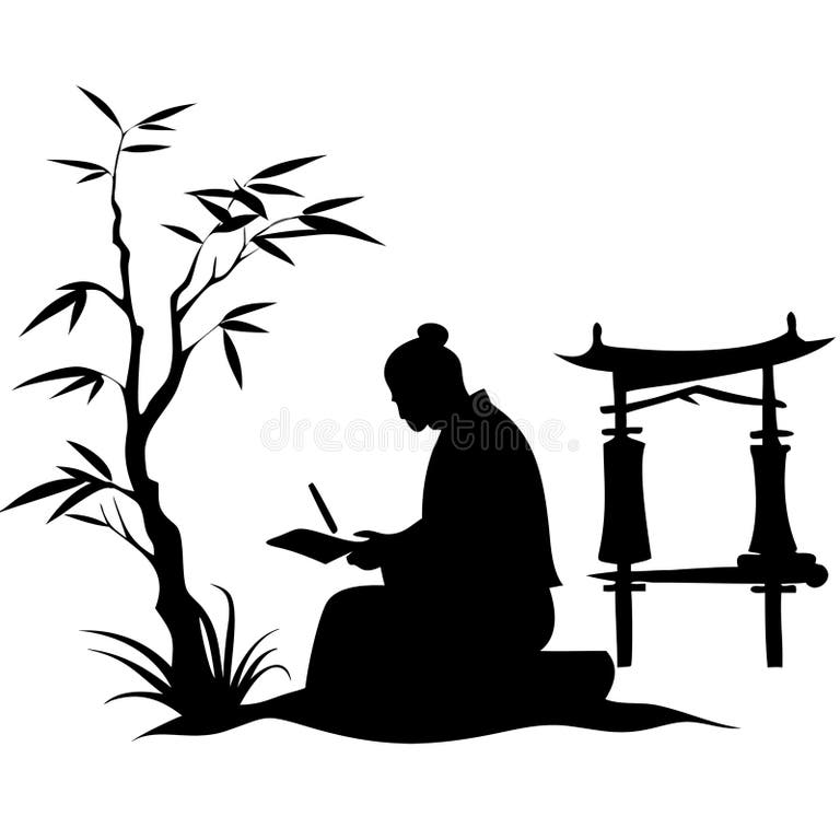 Japanese Samurai Silhouette Writing Under Bamboo Tree with Torii Gate ...