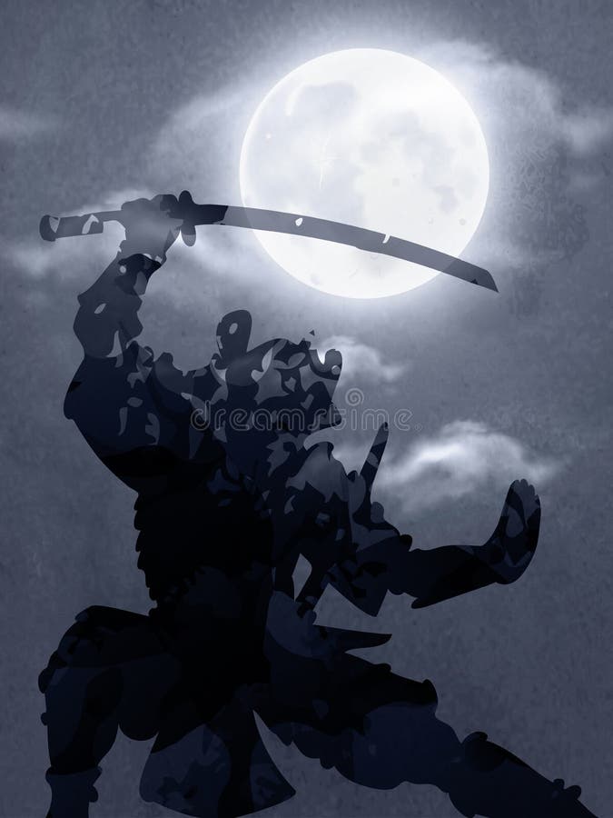 A Samurai Under the Moonlight Stock Vector - Illustration of grey, male ...