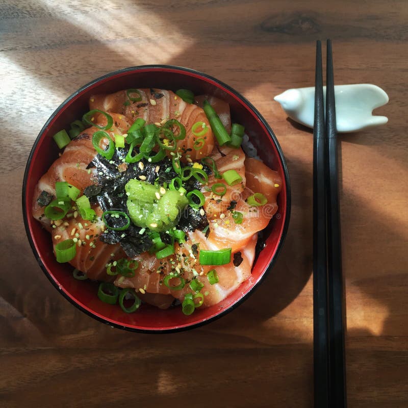 Japanese Sashimi Salmon Rice Stock Photo - Image of chopstick, sashimi ...