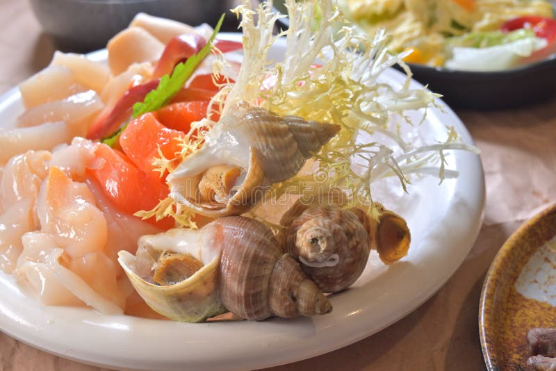 Sashimi Sea Snail Platter Assorted Stock Photo - Image of hokkigai ...