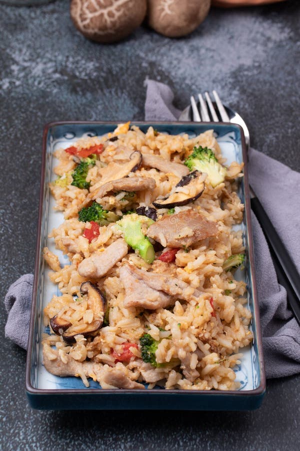 Japanese Sauce Fried Rice with Shiitake Mushroom and Broccoli Stock ...