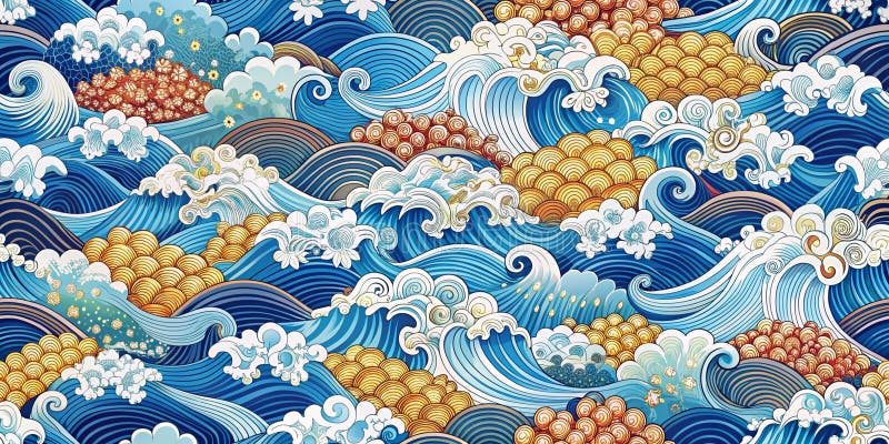 Japanese Sea Wave Pattern Background Stock Illustration - Illustration ...