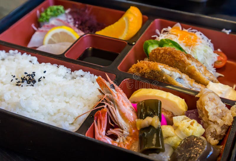 Japanese seafood bento set stock image. Image of fish - 80964095