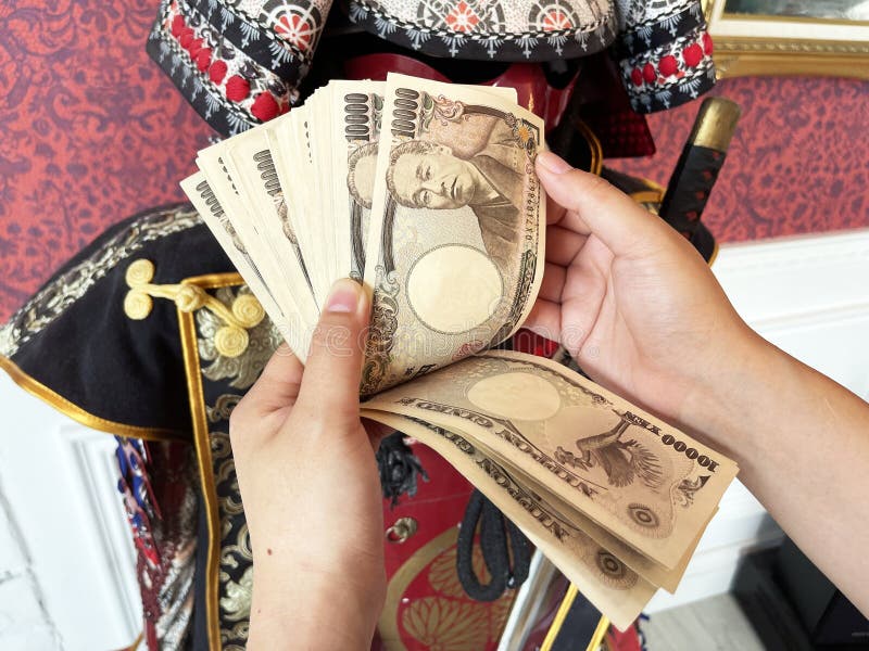 Japanese Stack of Money in Hand Count Stock Photo - Image of bill ...