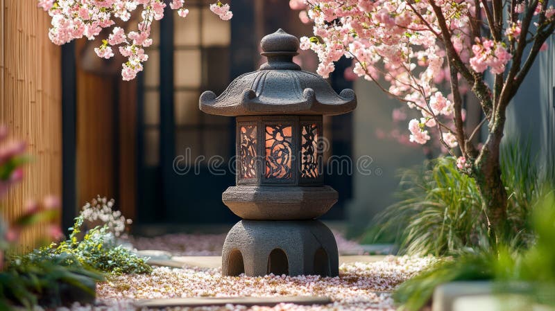Japanese Stone Lantern in a Cherry Blossom Garden Stock Illustration ...