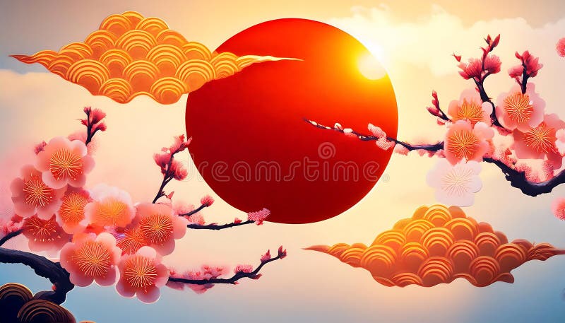 Japanese Style Art Featuring a Sun, Clouds, and Plum Blossoms Stock ...
