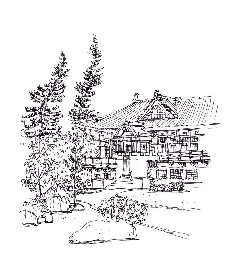 Japanese Style Building Pen Drawing Illustration Stock Illustration ...