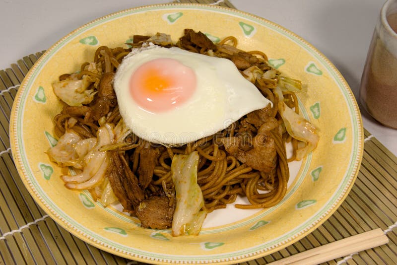Japanese Style Fried Noodles with Egg Stock Photo - Image of sauces ...