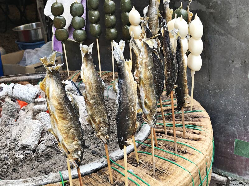 Japanese Style Grilled Fish and Dango. Stock Image - Image of cooked ...