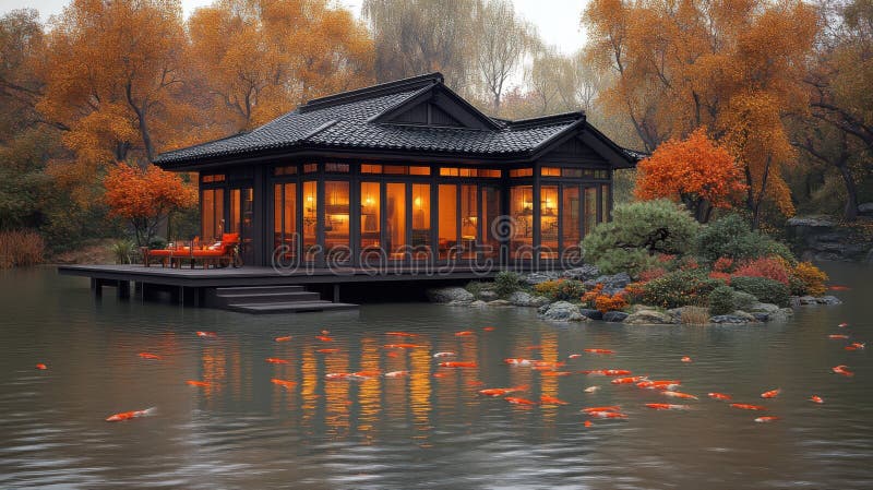 Japanese Style House Koi Pond Autumn Stock Photos - Free & Royalty-Free ...