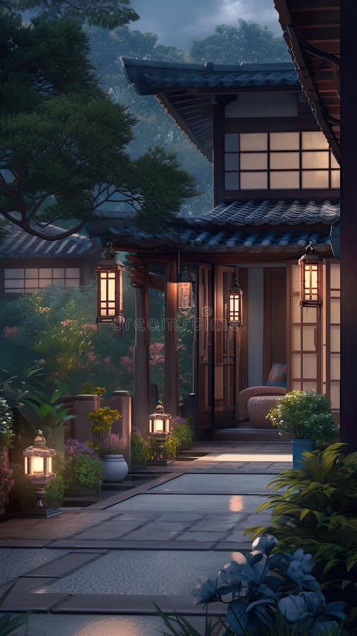 A Japanese Style House with Lanterns Lit Up at Night. AI Generative ...