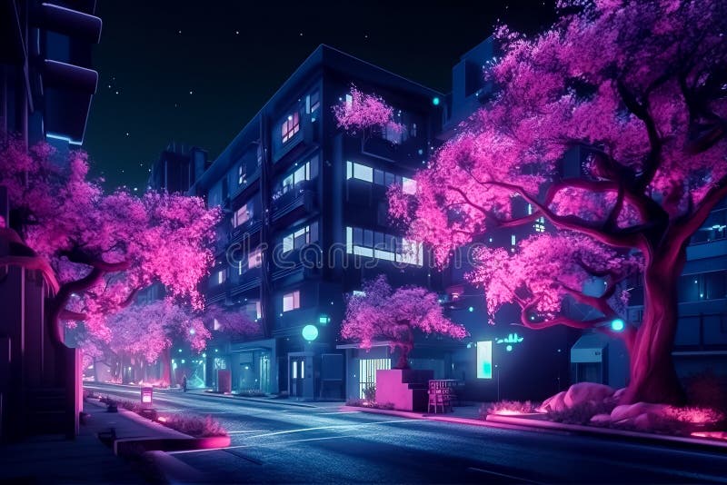 Japanese Style House at Night with Cherry Blossoms in the Foreground ...