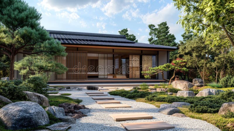 Japanese-Style House with Stone Pathway and Greenery Stock Illustration ...