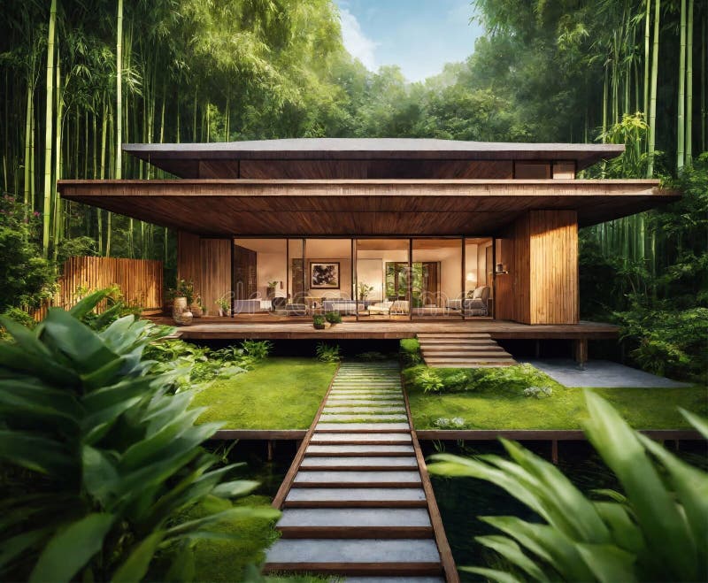 Japanese Style Modern Bamboo House Surrounded by Green Bamboo Tree ...