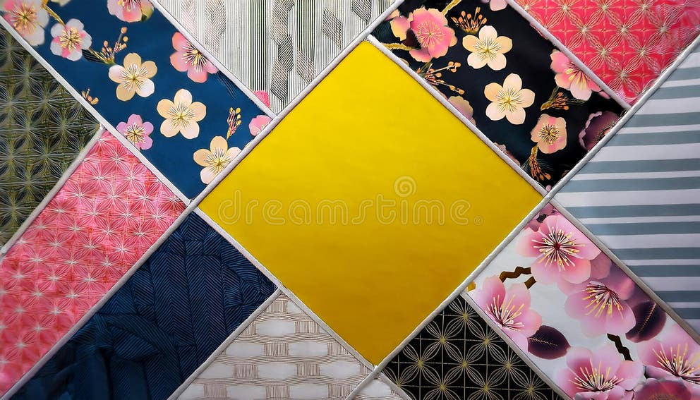 Japanese-style Patchwork with Geometric Patterns, Cherry Blossoms, and Light Yellow Center Stock ...