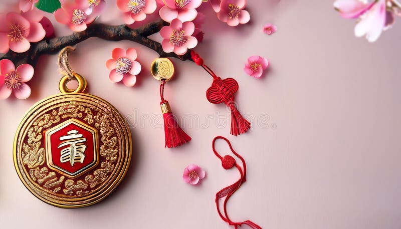 Japanese-style Pattern with a Good Luck Charm and Cherry Blossoms Stock ...