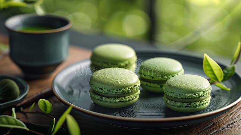A Japanese-style Plate with Matcha Green Tea Macarons in a Refined ...