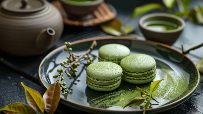 Japanese-style Plate with Matcha Macarons in a Refined Restaurant ...