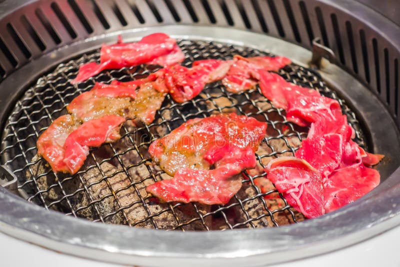 Japanese Style Raw Fresh Beef on Hot Barbecue Grill . Stock Image ...