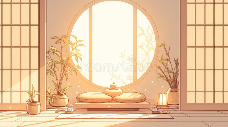 Japanese Style Room Illustration with Window and Plants Stock ...