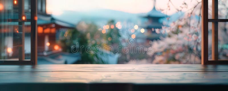 Traditional Japanese Scene with Wooden Table at Sunset Stock Photo ...